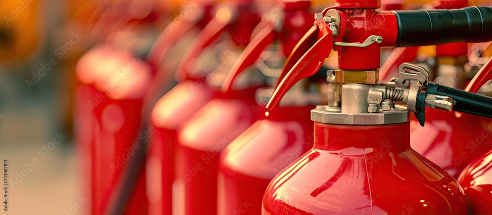 A row of red fire extinguishers is neatly lined up against a wall ...