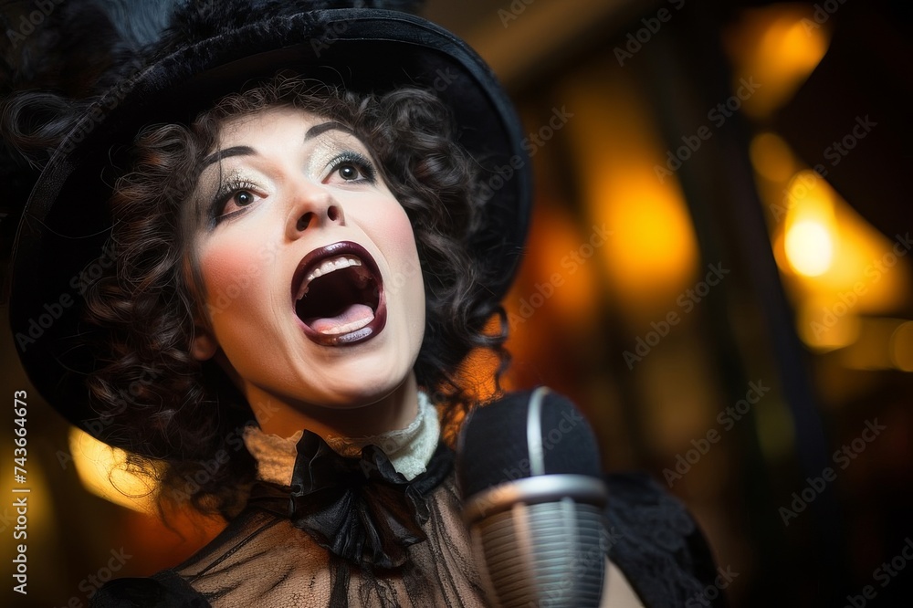 Female Victorian Era Cabaret Singer In Costume Performing On Stage With ...