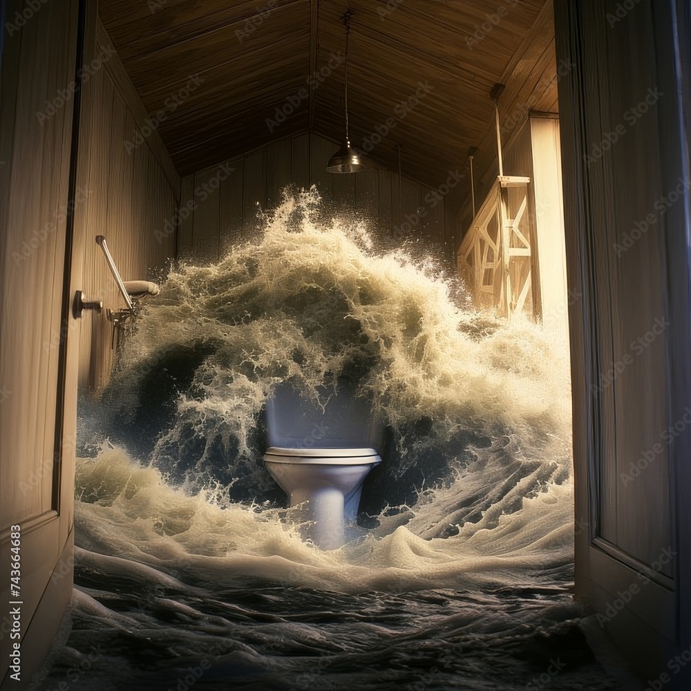 Unique Bathroom Design with Toilet Surrounded by Stormy Sea Waves and ...