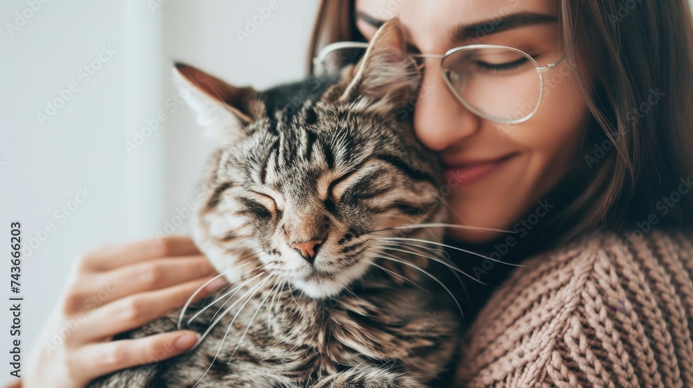 Woman embracing a tabby cat lovingly, depicting the bond between humans ...