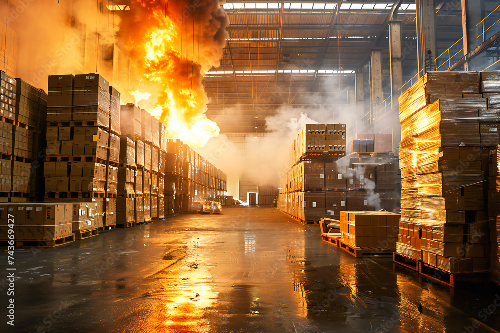 Fire in a storage warehouse. Spreading fire in a warehouse full of ...