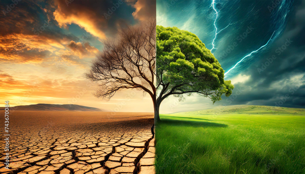 Global warming concept and climate change. Half bare tree on barren ...