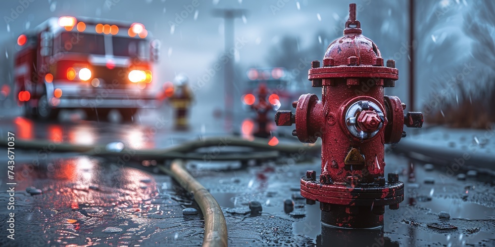 Emergency response scene with a red fire hydrant and firefighting truck ...