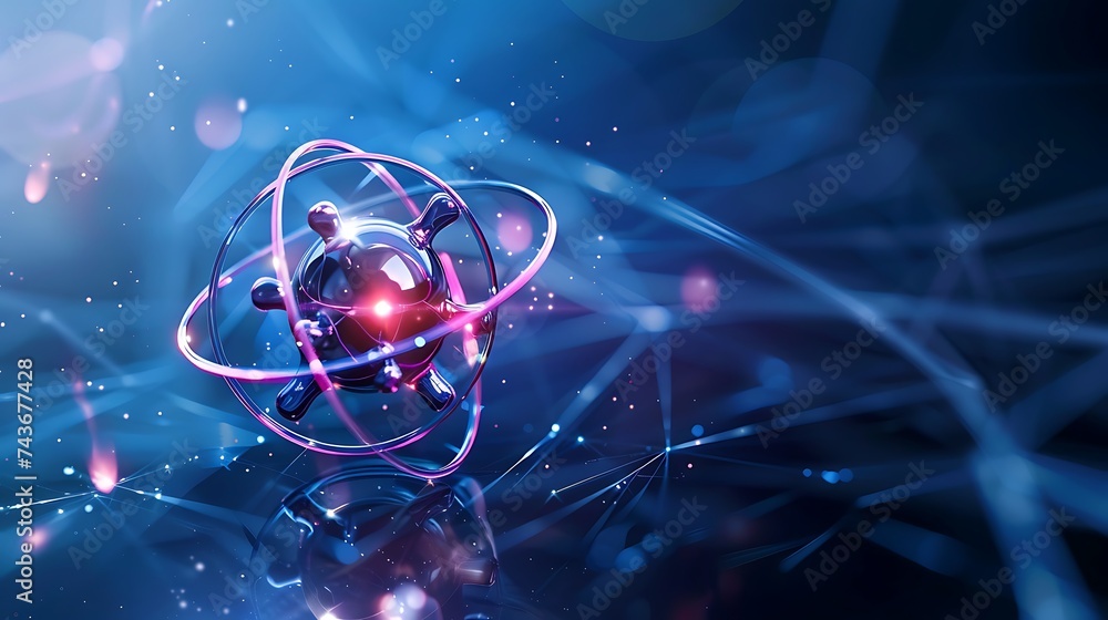 Atomic subatomic realm, electrons, neutrons, and protons orbit a fixed ...