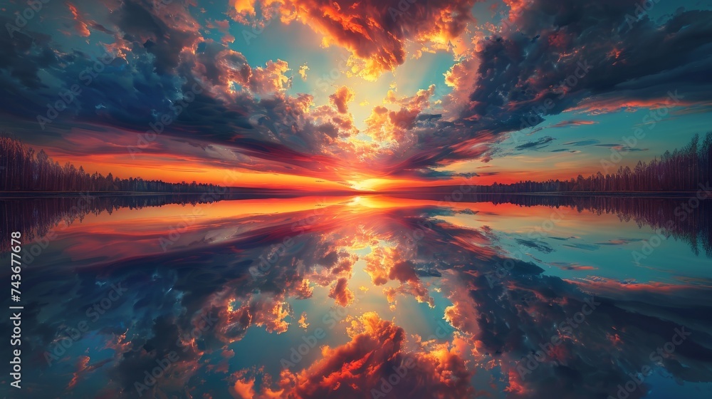 Depict a tranquil lake at sunset, where the water mirrors the ...