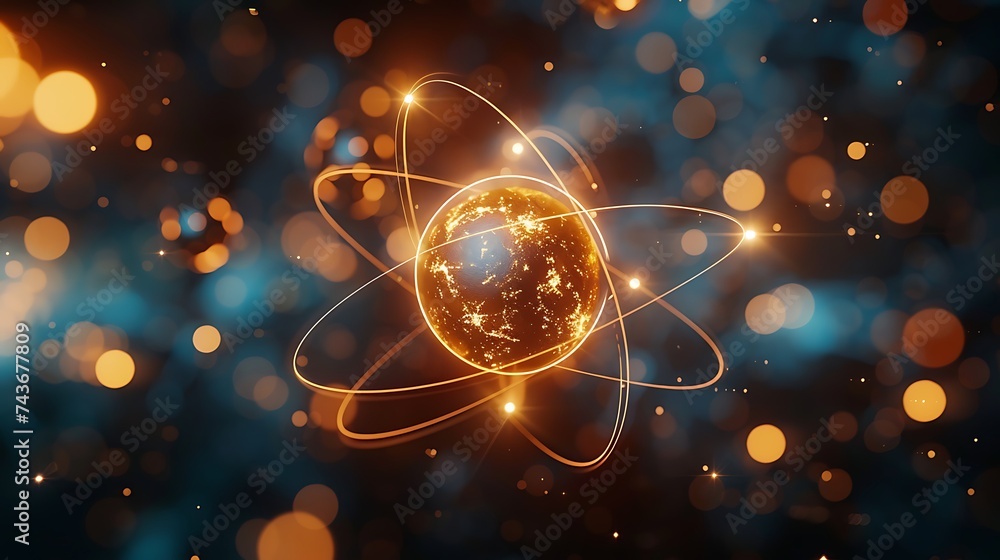 Atomic subatomic realm, electrons, neutrons, and protons orbit a fixed ...