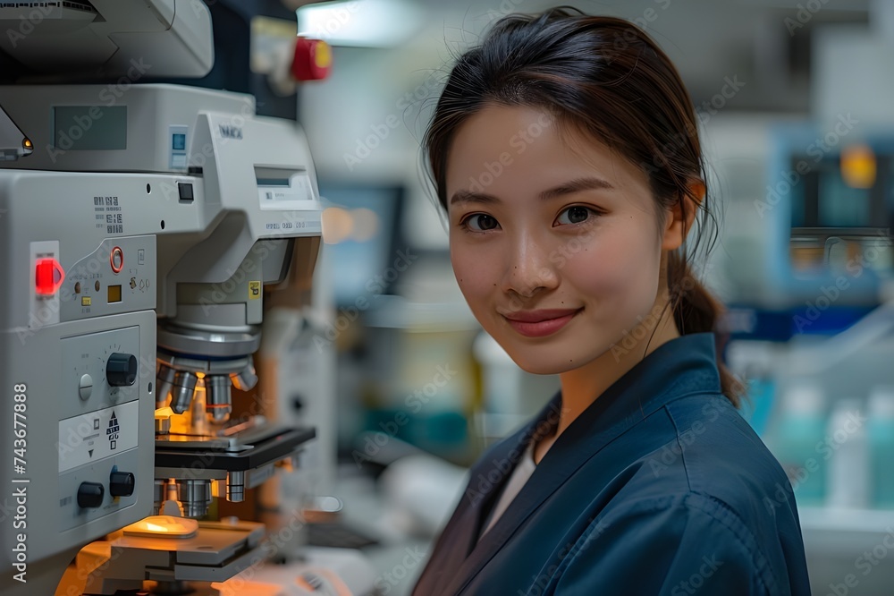 beautiful woman work operating a machine, Young Girl Investigating with Microscopes in ...