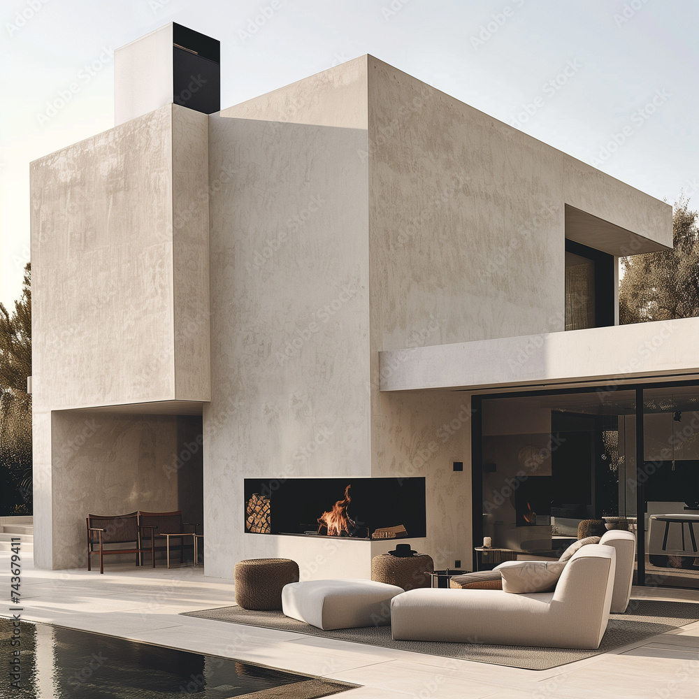 Ultra modern cube house with white an outside lounge and an outdoor ...
