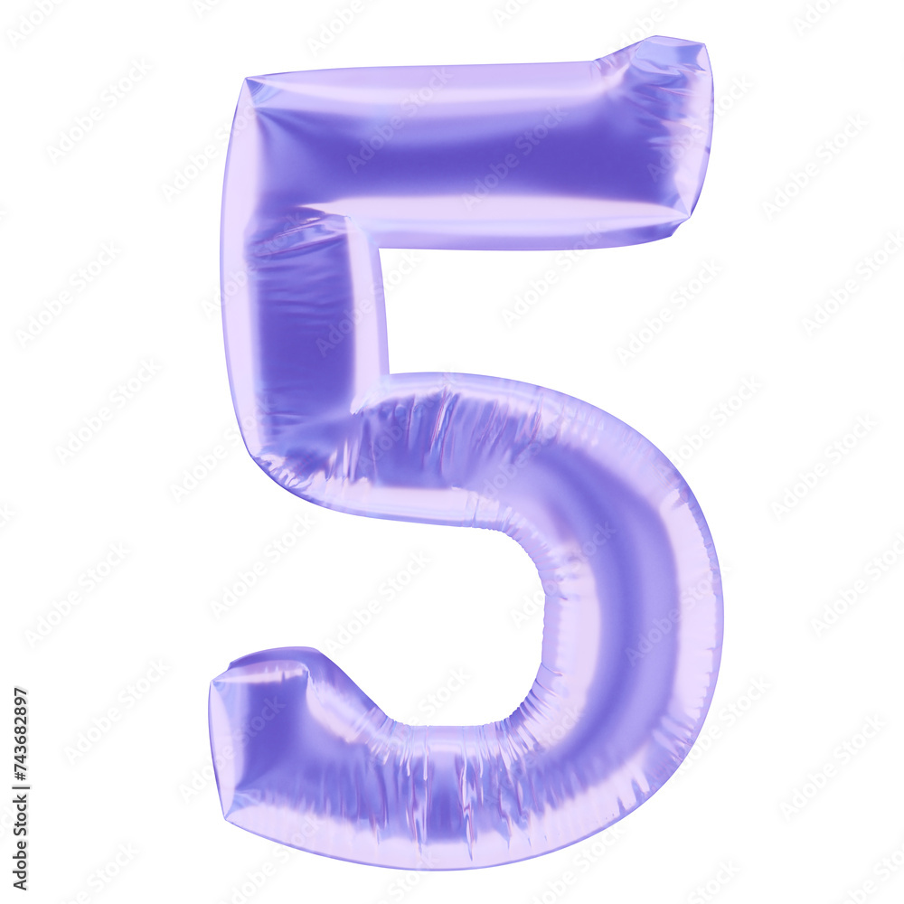 3D number 5 in purple foil balloon style. Realistic inflated render ...