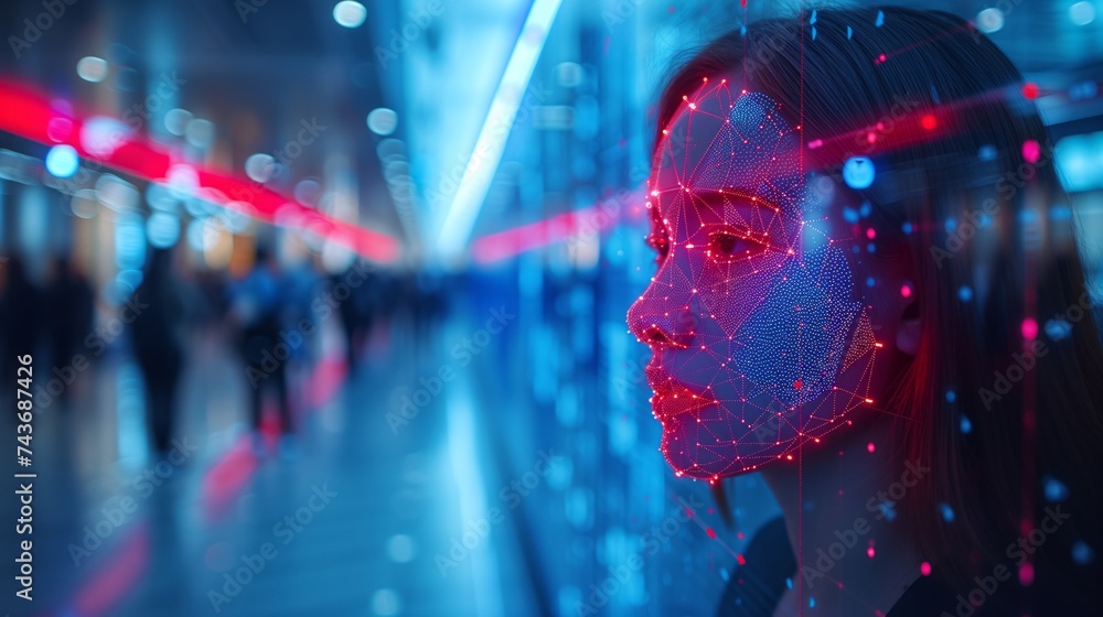 Woman With Futuristic Augmented Reality Facial Mapping Cyber Security And Digital