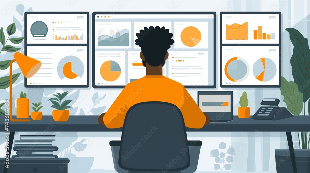 Illustration of data analyst at work with multiple screens displaying charts and graphs, modern ...