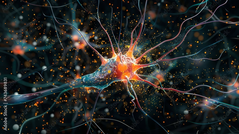 Illustration of an active neuron with sparking connections in a complex network, representing ...