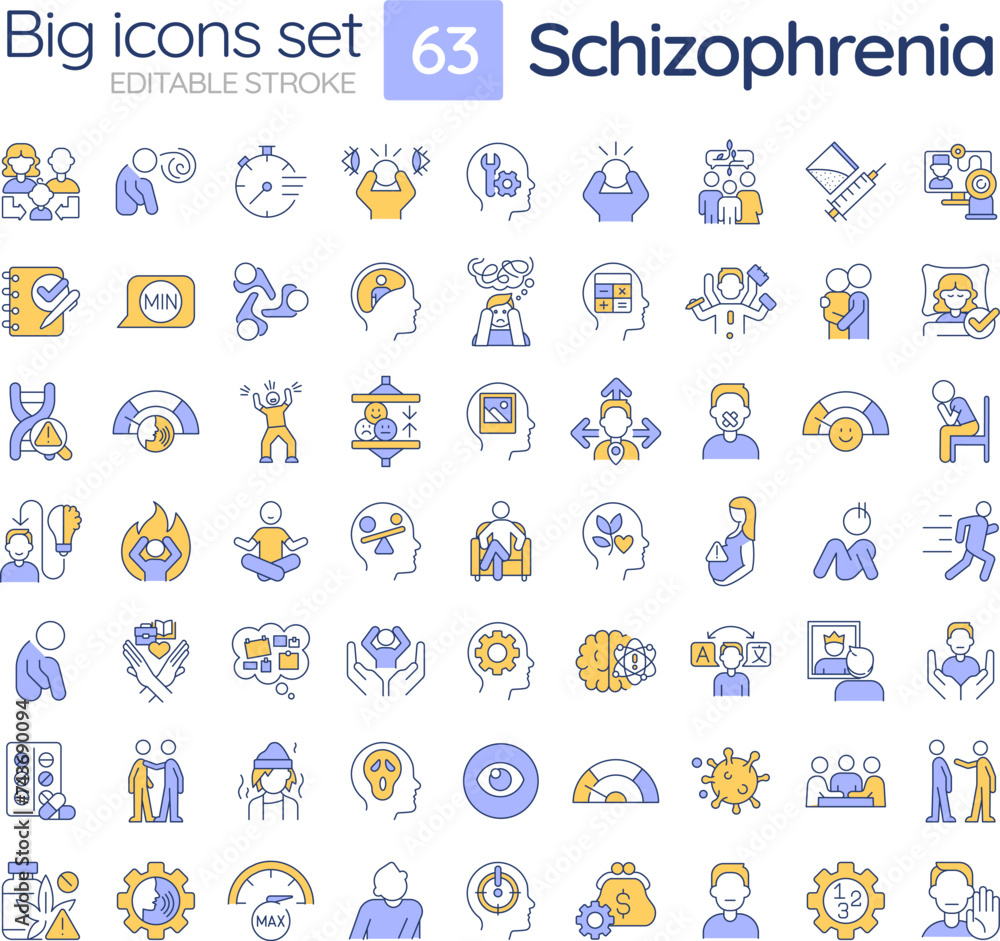 Schizophrenia disorder RGB color icons set. Neurocognitive disease ...