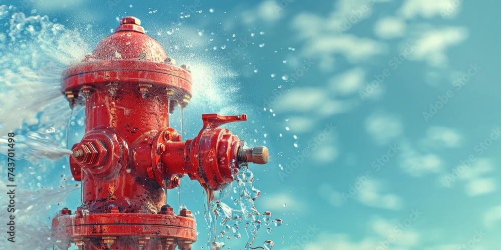 Red fire hydrant spraying water against a blue sky, an emblem of safety ...