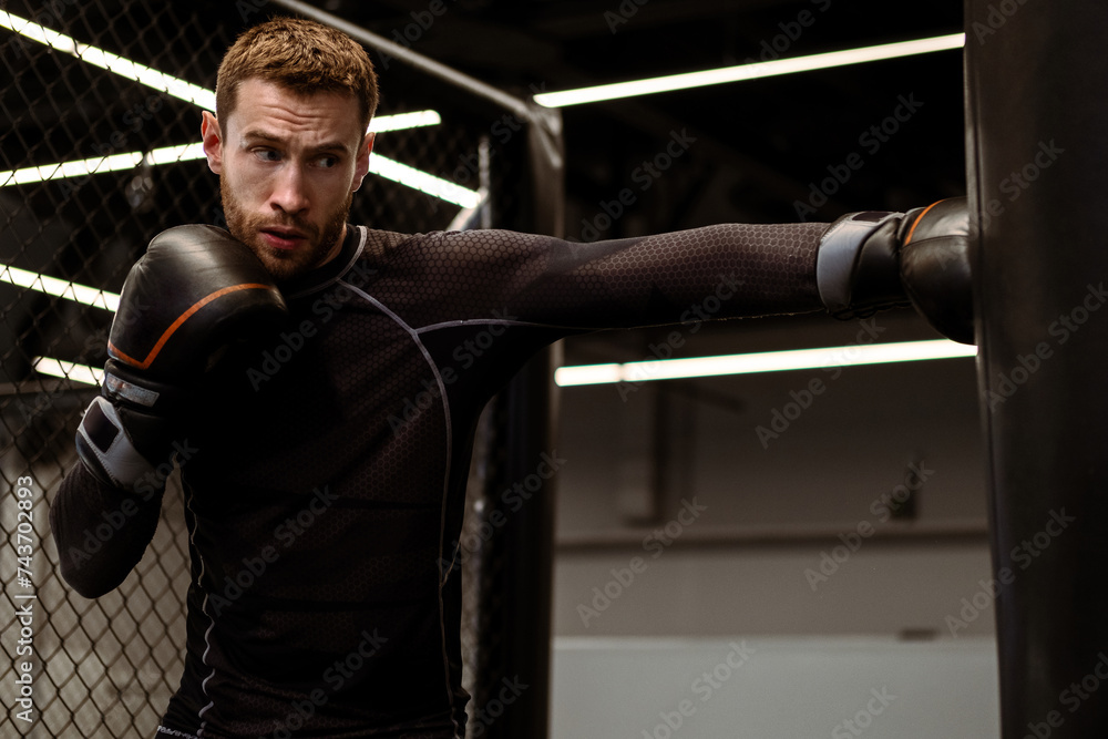 Concentrated boxer honing punching skills on heavy bag in gym Stock ...
