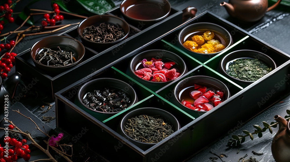 A delightful assortment of tea cups filled with black tea, green tea ...
