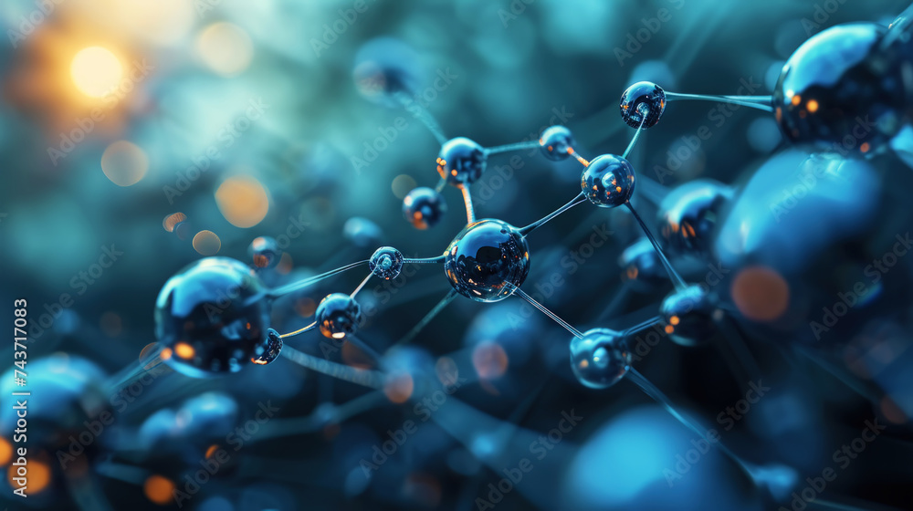 Scientific backdrop. Molecular structure at atomic level. Dark blue ...