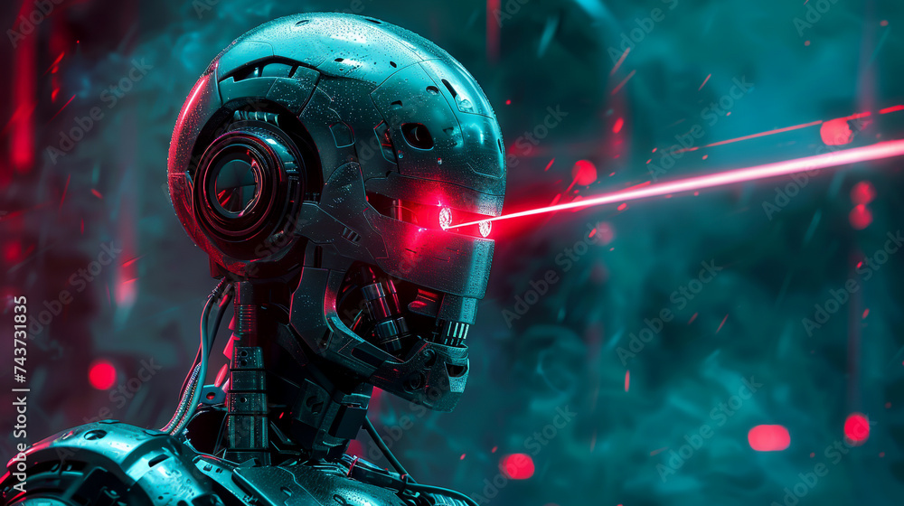 Armored combat robot patrolling warzone laser sights AI driven metallic ...