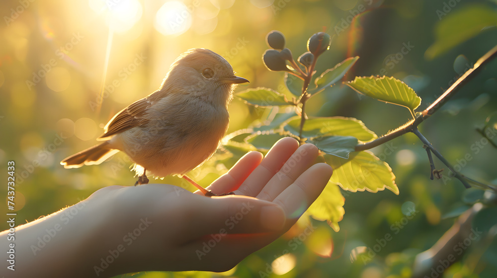 Hand lets the bird go, releases it or sets it free with morning ...
