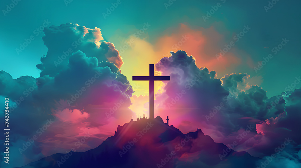 Jesus cross symbol on colorful clouds background. Generative AI ...