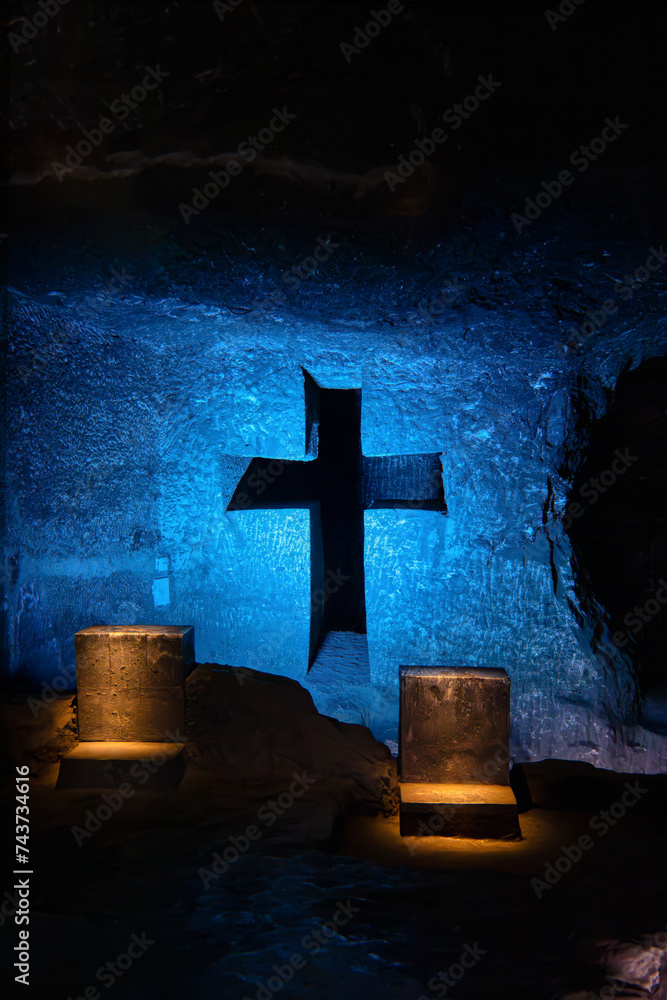 Illuminated cross representing stations of the cross, illustrate events ...
