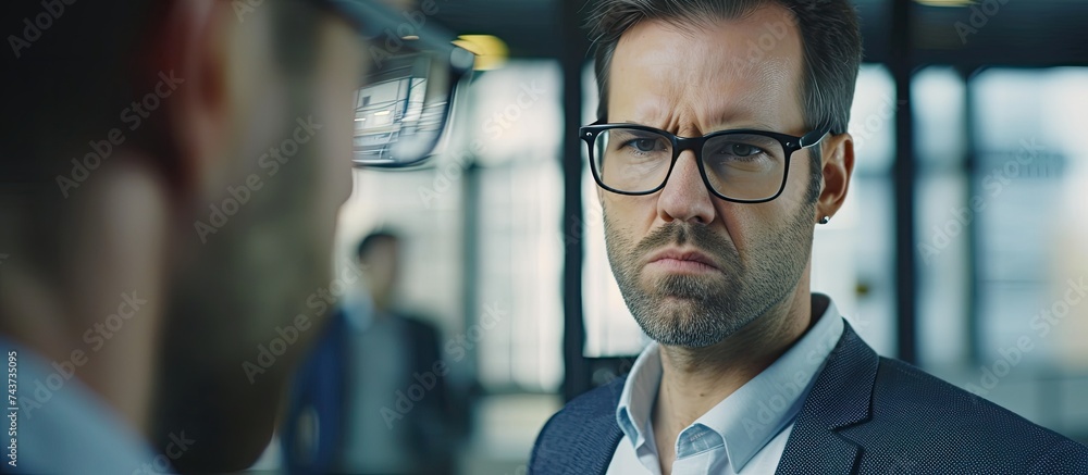 A man with glasses is seen engaging in a conversation with another man ...
