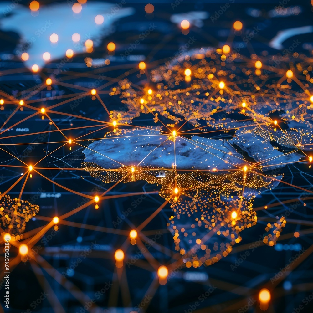 an illustration of a World Map, with Interconnected Nodes Symbolizing Global Connectivity ...
