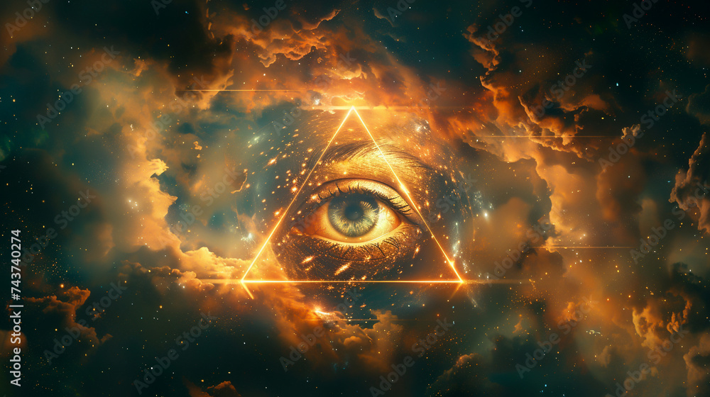 Illuminated golden eye symbol encased in a triangle against a cosmic ...