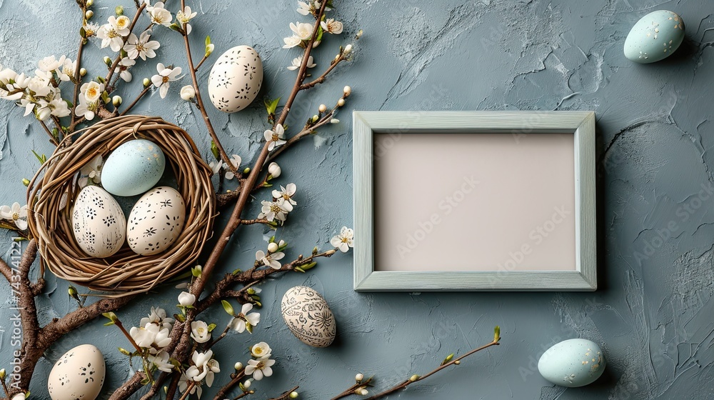 Easter mockup with easter eggs, spring branches and top view empty ...