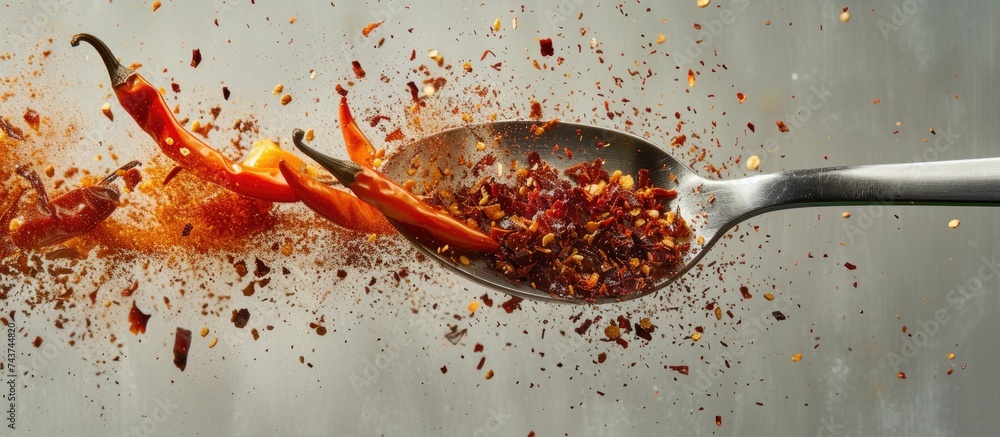 A spoon full of food explodes, revealing vibrant crayfish and shrimp ...