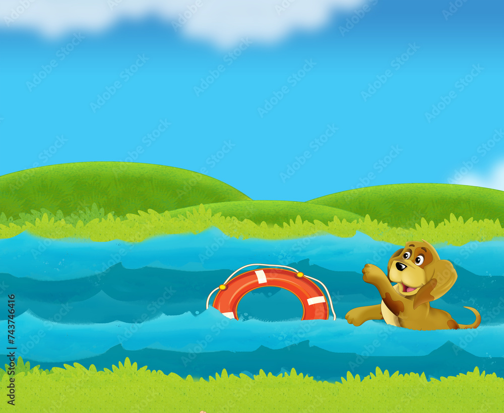 cartoon scene with dog pet swimming or drowning in stream or river with ...