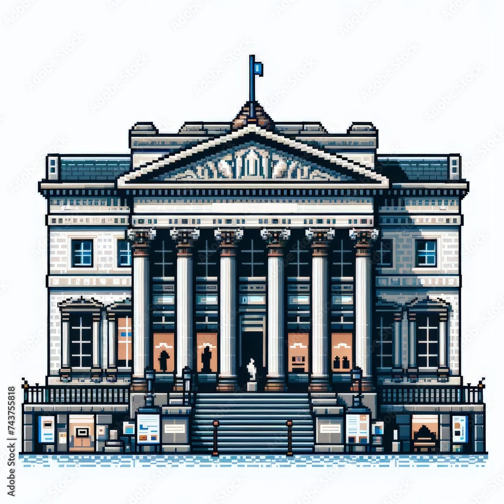 Pixel art of historical museum with a white background, in the style of ...