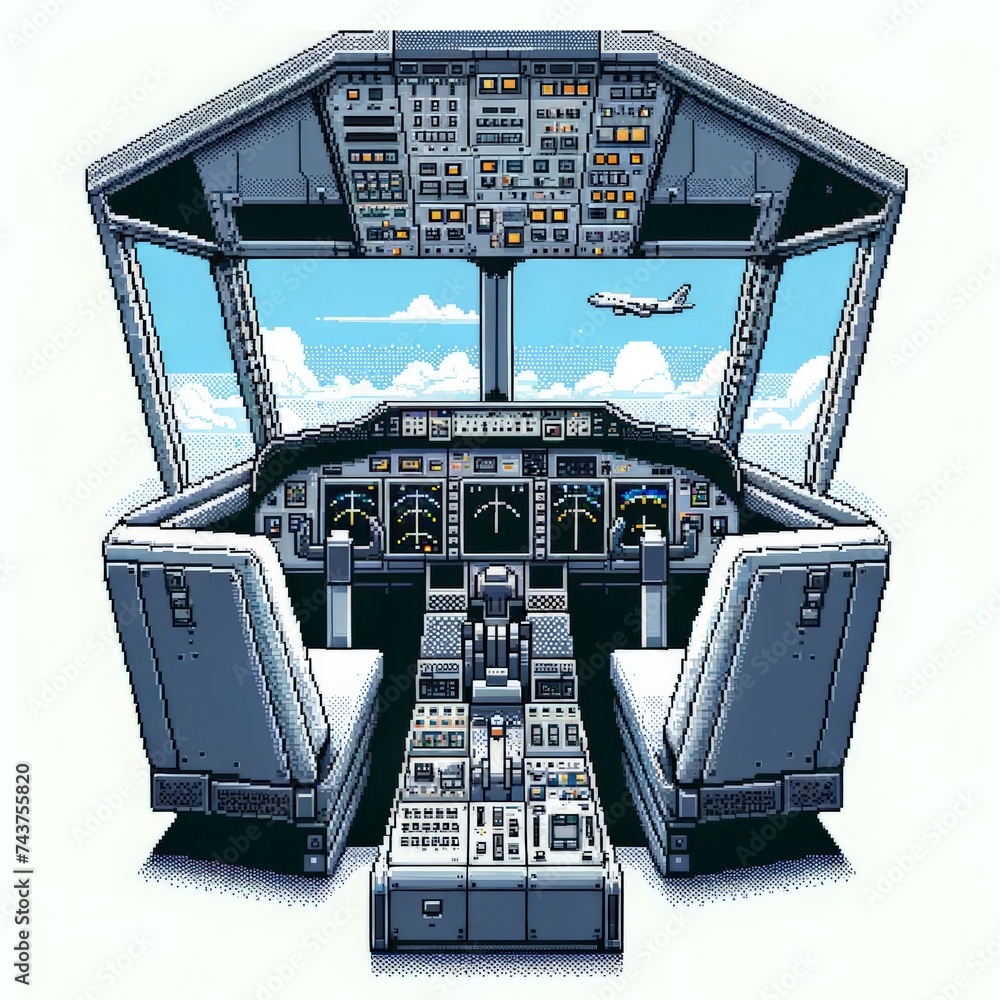 Pixel art of flight simulator, featuring a cockpit with various control ...