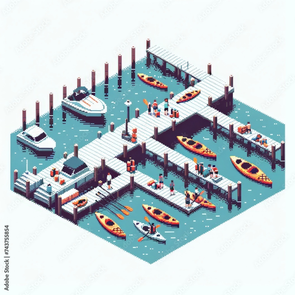 Pixel art of harbor and kayak with a white background, in the style of early 90s video game ...