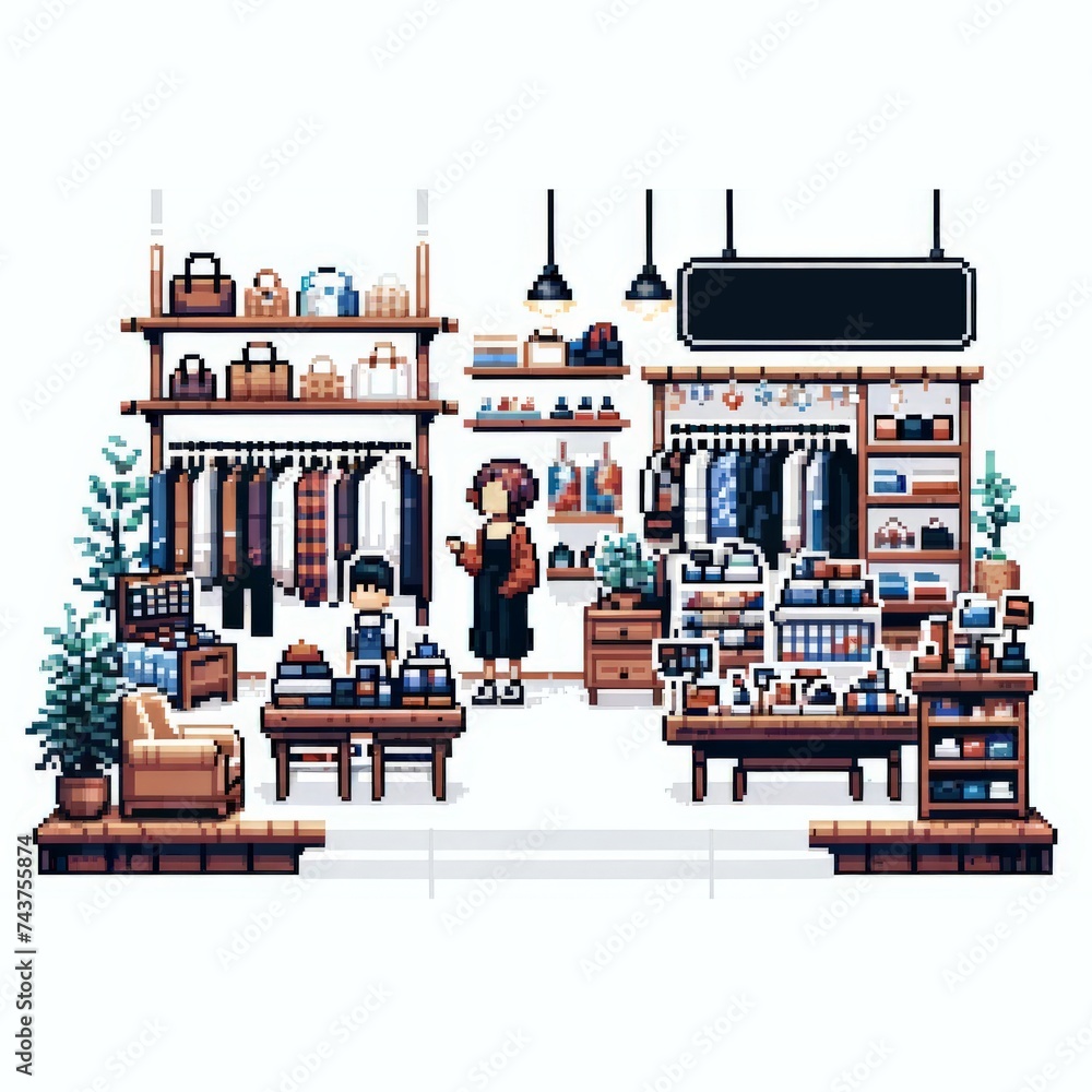 Pixel art of local clothing and fashion accessories shop with a white ...