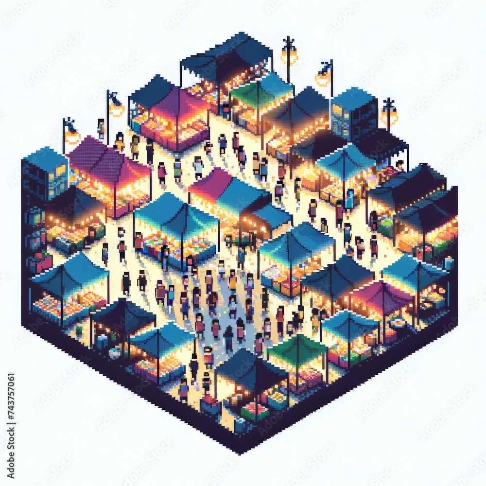 Pixel art of night market with a white background, in the style of ...