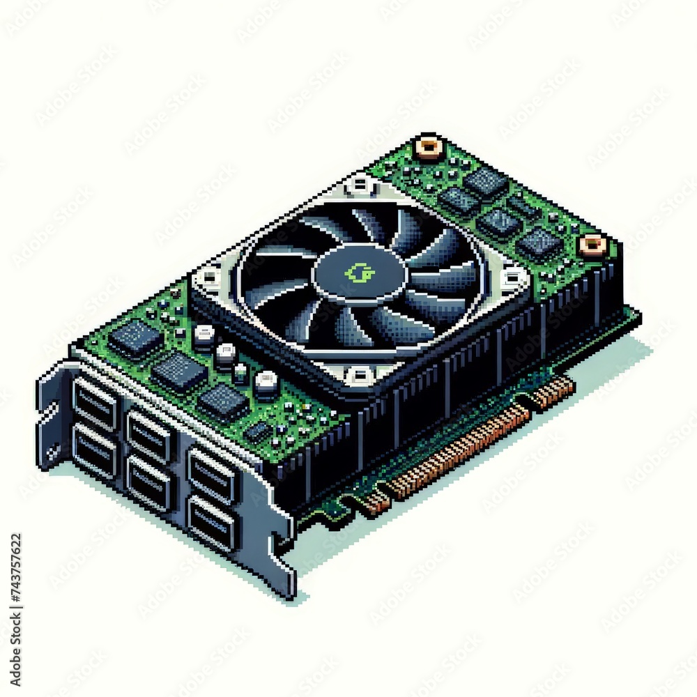 Pixel art of Graphics Processing Unit (GPU), showcasing a detailed circuit board with a cooling ...