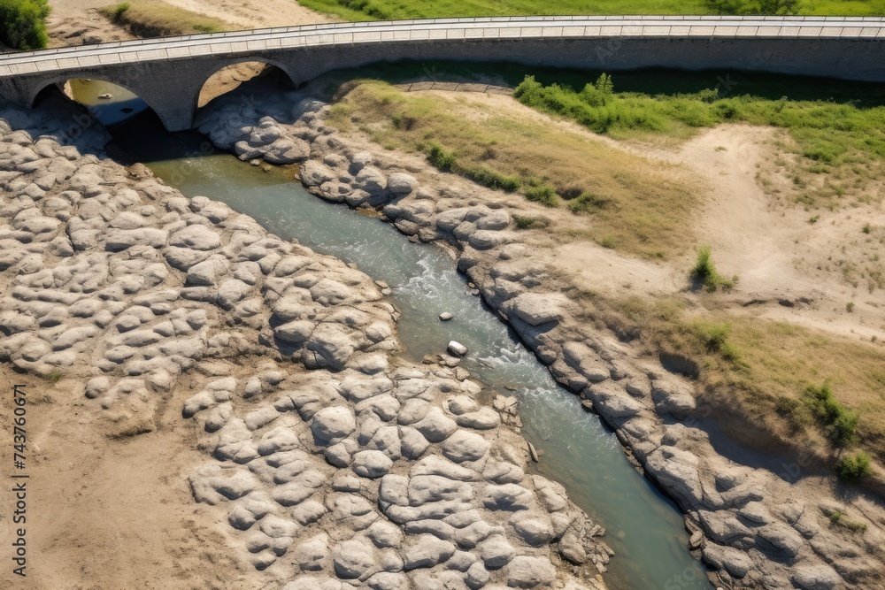 Dry Riverbed Under Stone Bridge. A top-down view of a stone bridge ...