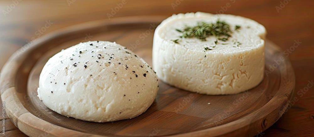 A wooden plate displays two pieces of cheese, including ball cheese and ...