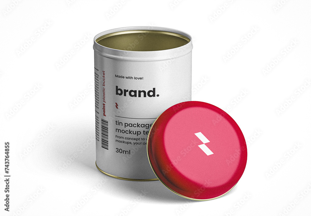 Cylindrical Tin Container Mockup with Opened Cap Stock Template | Adobe ...