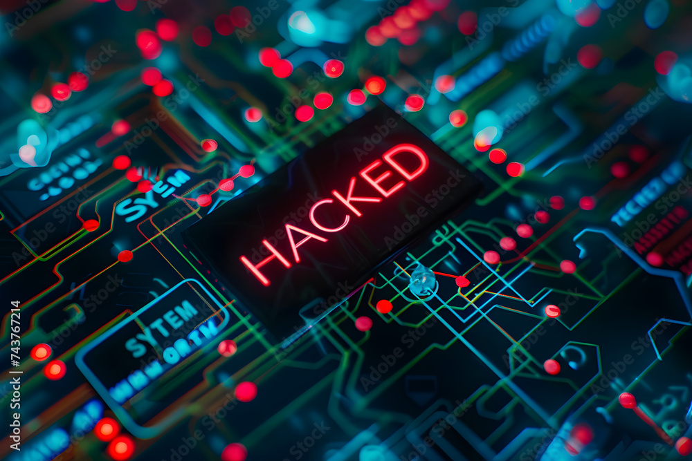 “Hacked” - the inscription is illustrated on the digital screen with ...