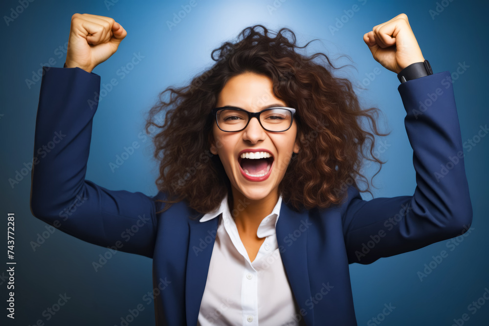 Woman With Glasses And Jacket Is Screaming With Her Arms Up Stock