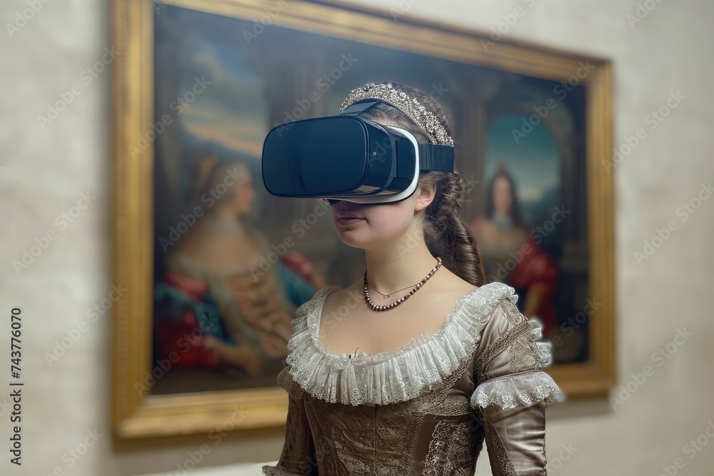 Young woman in vintage attire using VR headset, blending past and ...