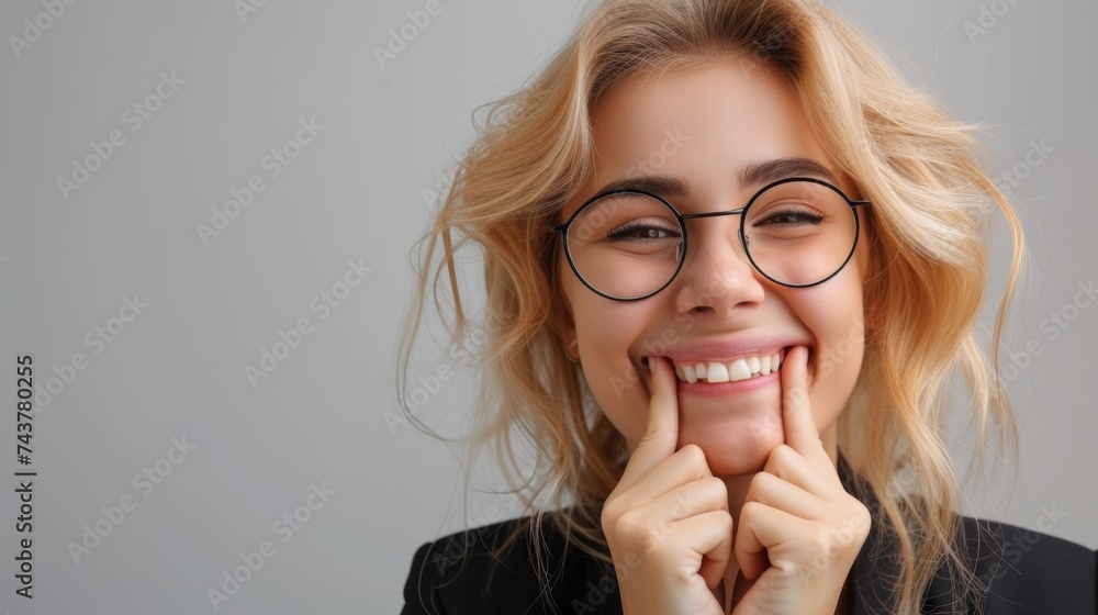 Tired businesswoman forcing a smile by holding up the corners of her ...