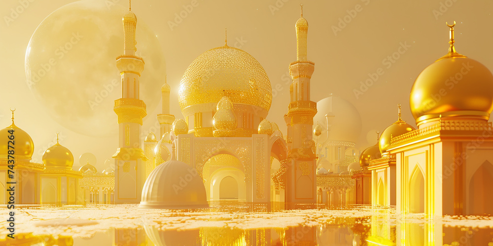 3D rendering, Ramadan Kareem with golden moon mosque on light shadow ...