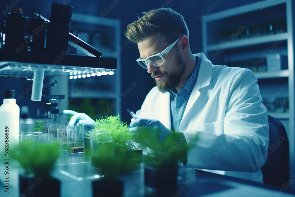Male microbiologist observing a green plant in a test tube. A ...
