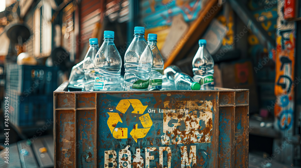 Box with bottles for return for plastic and glass recycling. Throwing ...