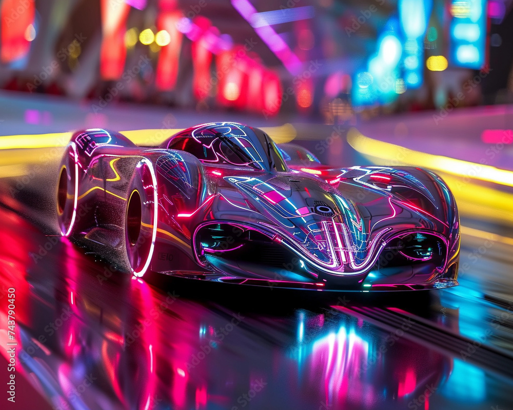 The ultimate race of the future where cars with vibrant neon patterns ...