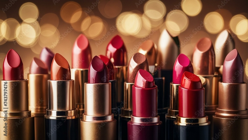 lipstick on black background, a collection of luxurious gold cylinder ...
