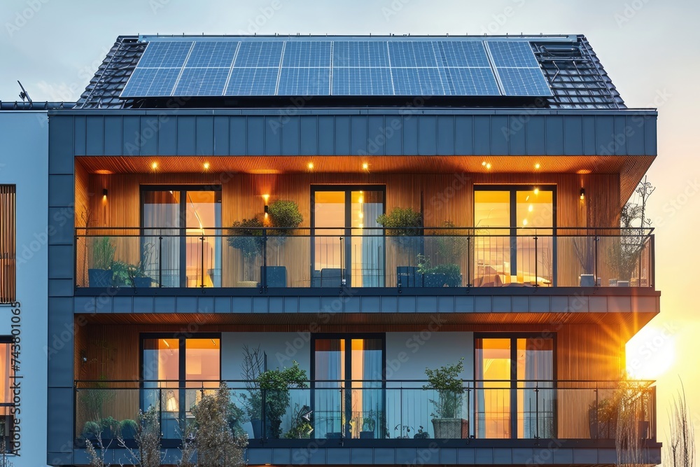 An apartment building showcasing a solar panel on its roof, harnessing ...